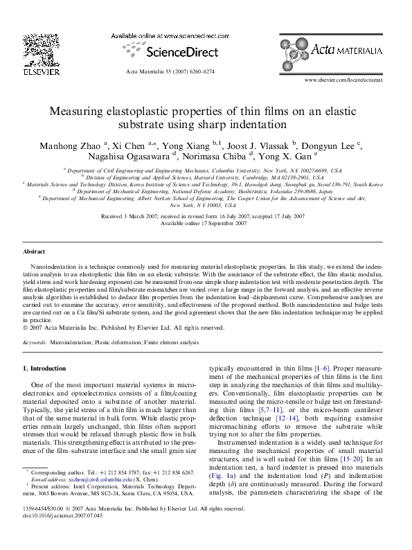 Pdf Measuring Elastoplastic Properties Of Thin Films On An Elastic Substrate Using Sharp