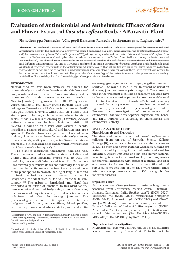 (PDF) Evaluation of Antimicrobial and Anthelmintic Efficacy of Stem and ...