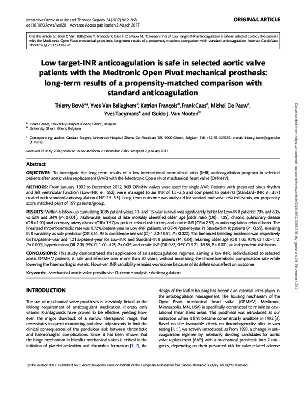 (PDF) Low target-INR anticoagulation is safe in selected aortic valve ...
