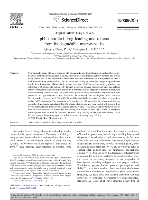 (PDF) pH-Controlled Drug Delivery Using Biodegradable Microcapsules