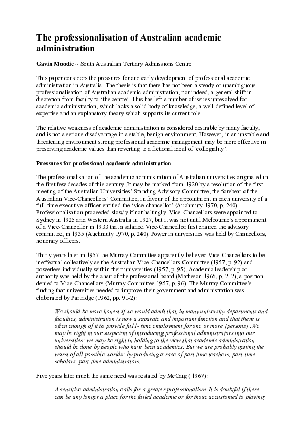 (DOC) Challenging Professionalisation in Australian Academic Administration