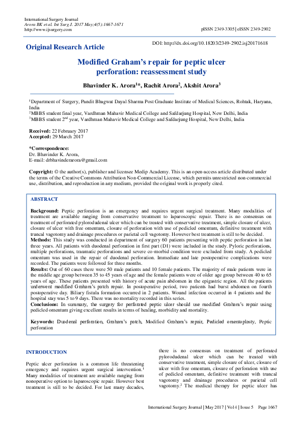 (PDF) Modified Graham’s repair for peptic ulcer perforation ...