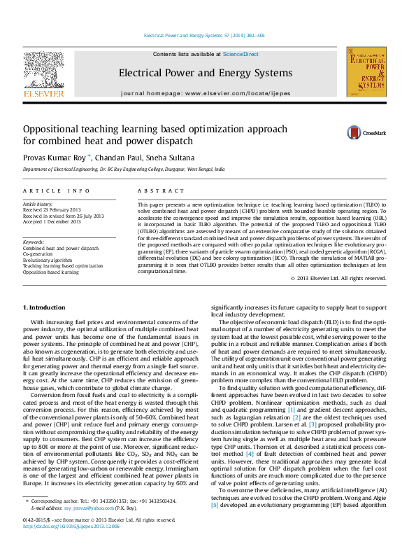 Pdf Oppositional Teaching Learning Based Optimization Approach For Combined Heat And Power