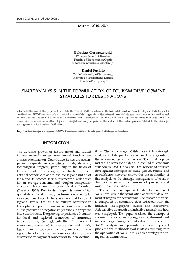 (PDF) SWOT Analysis in the Formulation of Tourism Development ...