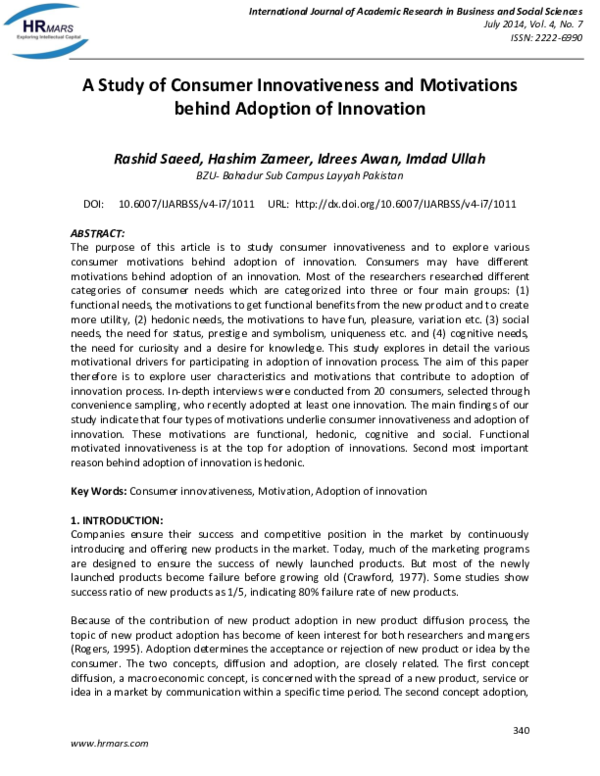 (PDF) A Study of Consumer Innovativeness and Motivations behind ...