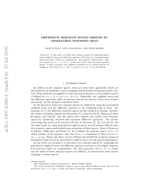 (PDF) New Sequence Spaces via Generalized Weighted Mean and Differences