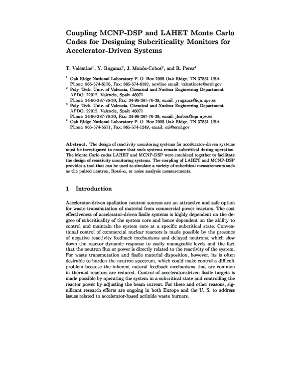 (PDF) Coupling MCNP-DSP and LAHET Monte Carlo Codes for Designing Subcriticality Monitors for ...