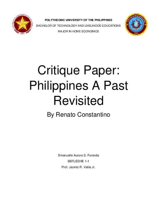 (PDF) Philippines a past revisited Critique Paper | Emanuelle Foronda ...