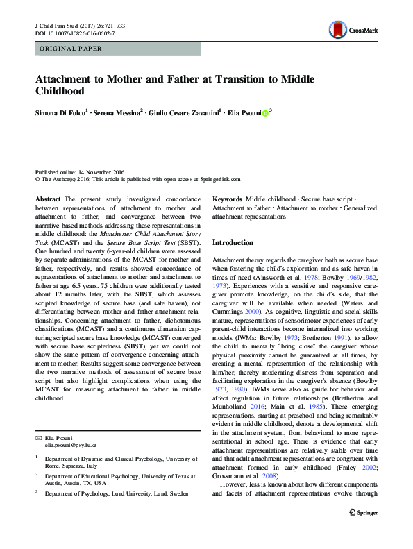 (PDF) Attachment to Mother and Father at Transition to Middle Childhood
