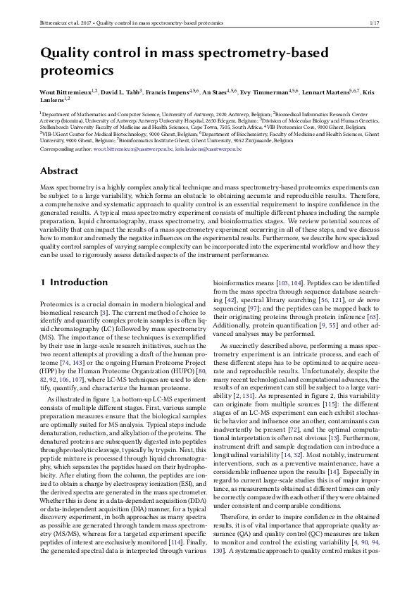 (PDF) Quality control in mass spectrometry-based proteomics