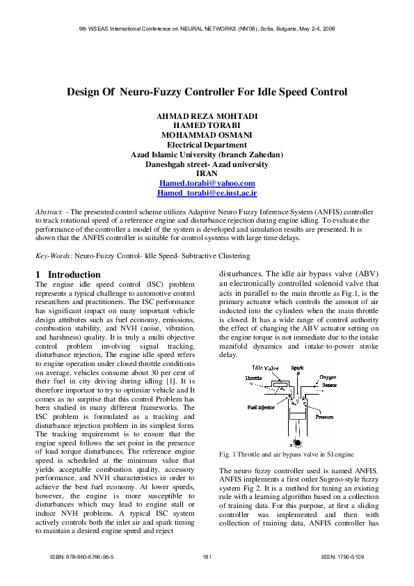 Pdf Design Of Neuro Fuzzy Controller For Idle Speed Control