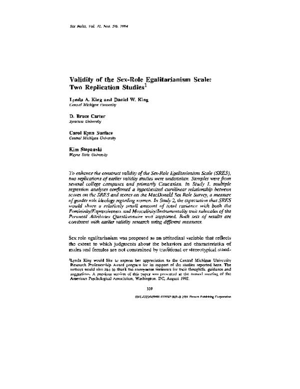 (PDF) Validity of the Sex-Role Egalitarianism Scale: Two replication ...