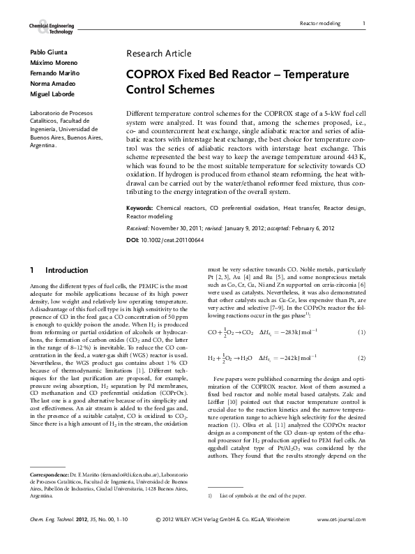 (PDF) COPROX Fixed Bed Reactor - Temperature Control Schemes