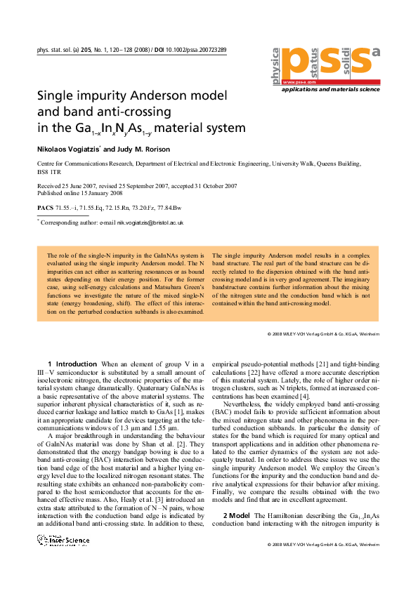(PDF) Single impurity Anderson model and band anti-crossing in the Ga1 ...