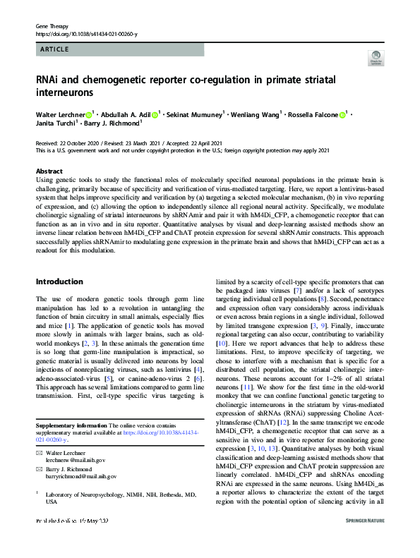 (PDF) RNAi and chemogenetic reporter co-regulation in primate striatal ...
