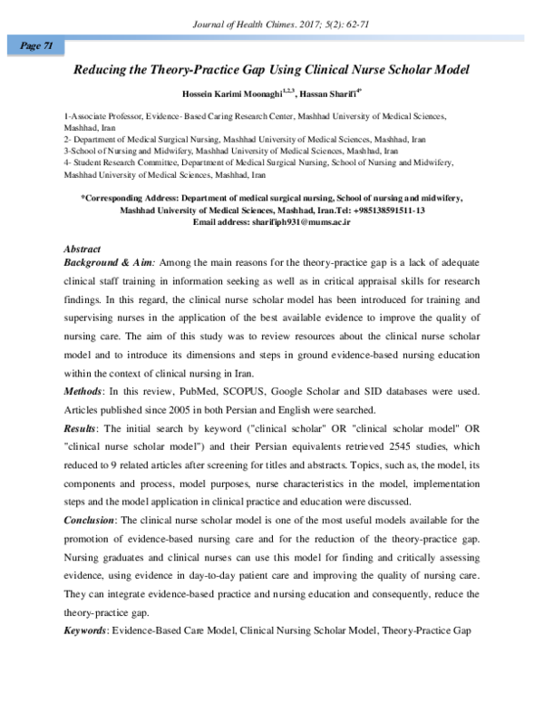 (PDF) Reducing the Theory-Practice Gap Using Clinical Nurse Scholar Model