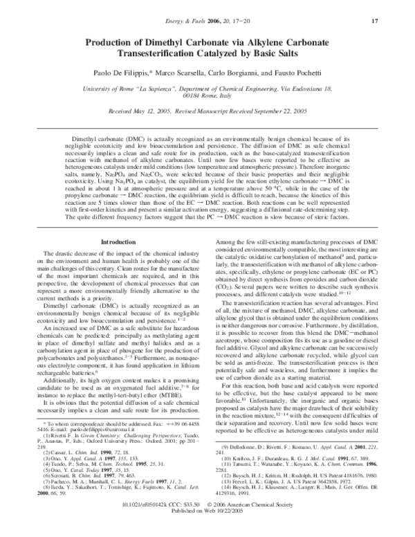 (PDF) Production of Dimethyl Carbonate via Alkylene Carbonate ...