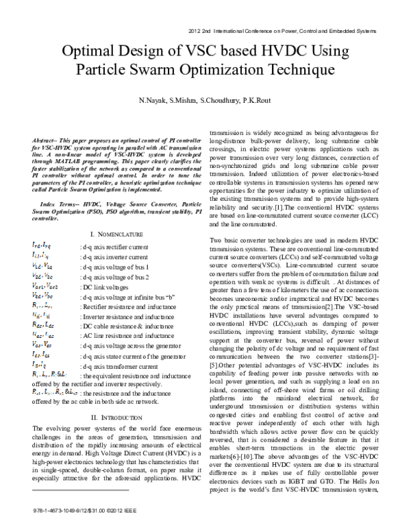 Pdf Optimal Design Of Vsc Based Hvdc Using Particle Swarm Optimization Technique