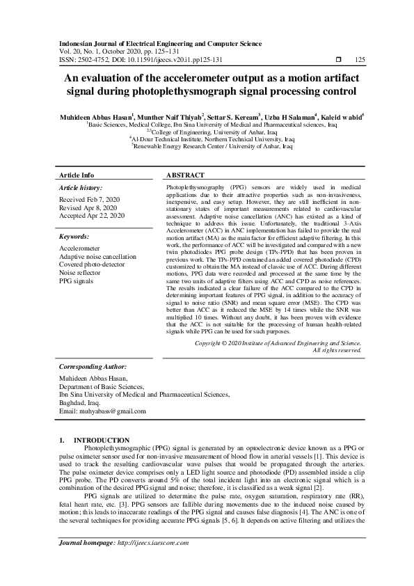 Pdf An Evaluation Of The Accelerometer Output As A Motion Artifact