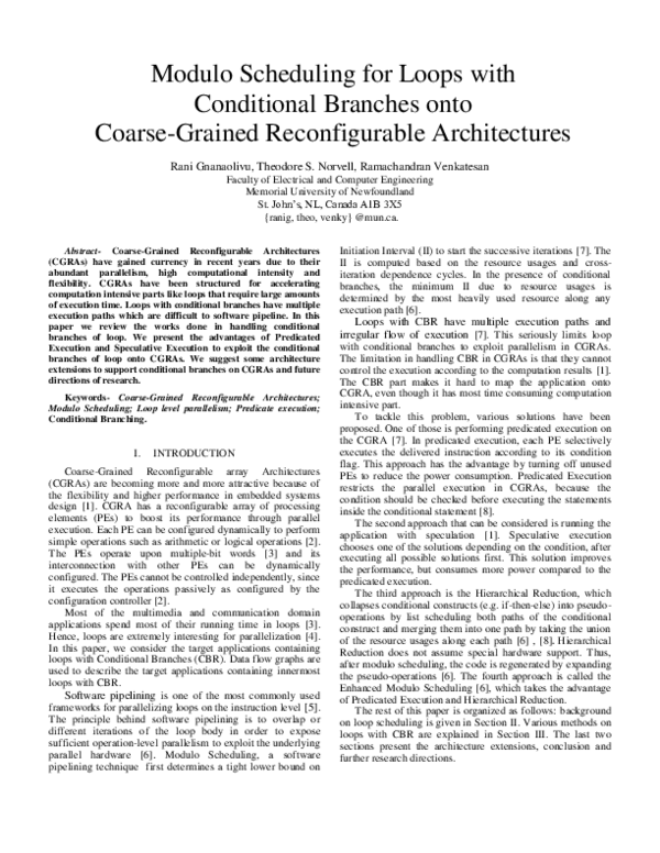 Pdf Modulo Scheduling For Loops With Conditional Branches Onto Coarse Grained Reconfigurable