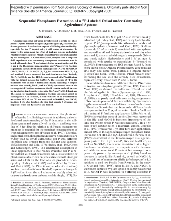 (PDF) Sequential Phosphorus Extraction of a P-Labeled Oxisol under Contrasting Agricultural Systems