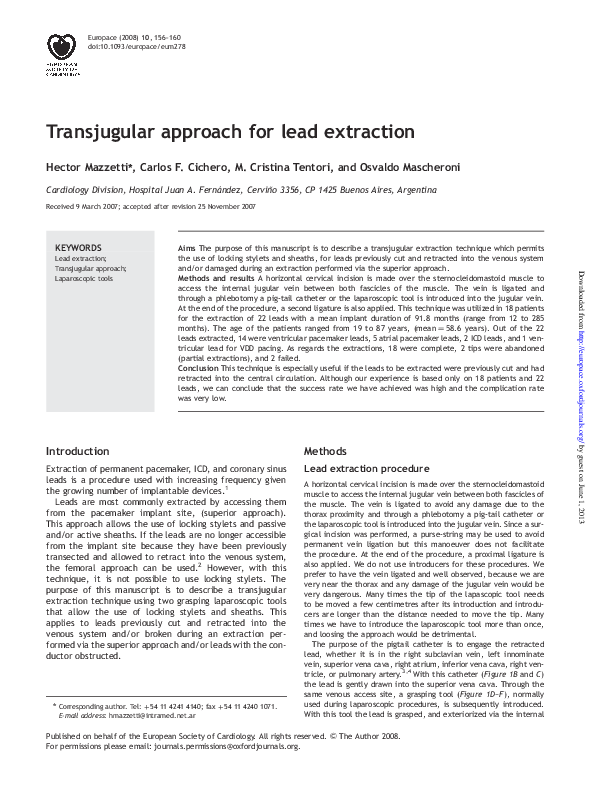 (PDF) Transjugular approach for lead extraction