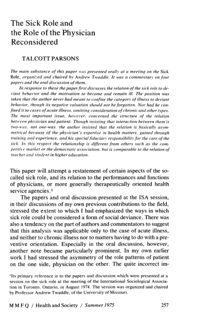 (PDF) The Sick Role and the Role of the Physician Reconsidered