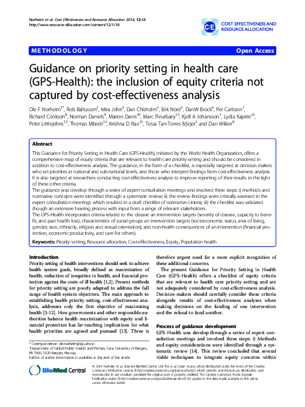 (PDF) Guidance on Health Care Priority Setting: Equity Beyond Cost ...