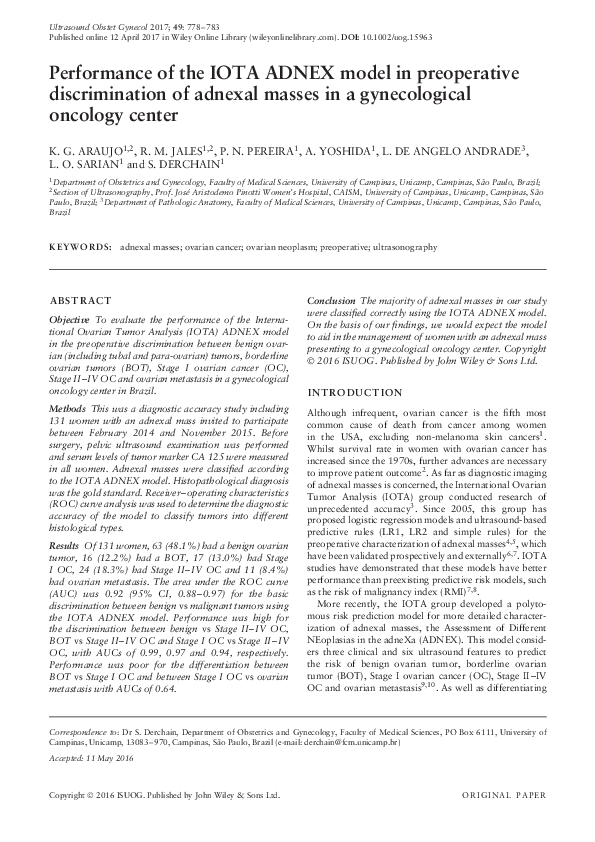 (PDF) Performance of the IOTA ADNEX model in the preoperative ...