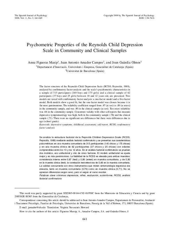 (PDF) Psychometric properties of the Reynolds Child Depression Scale in ...