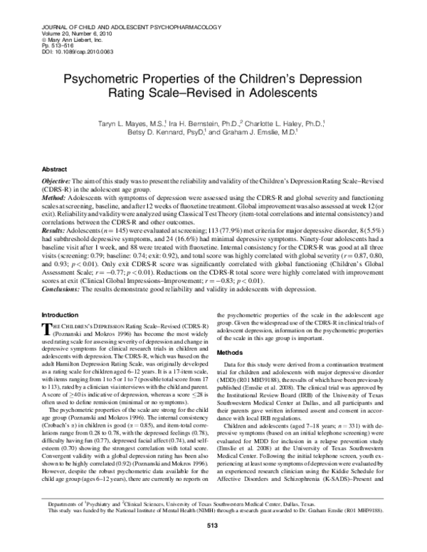 (PDF) Psychometric Properties of the Children's Depression Rating Scale ...