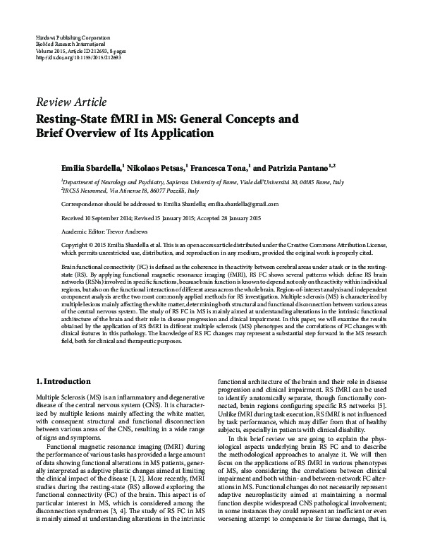 (PDF) Resting-State fMRI in MS: General Concepts and Brief Overview of Its Application