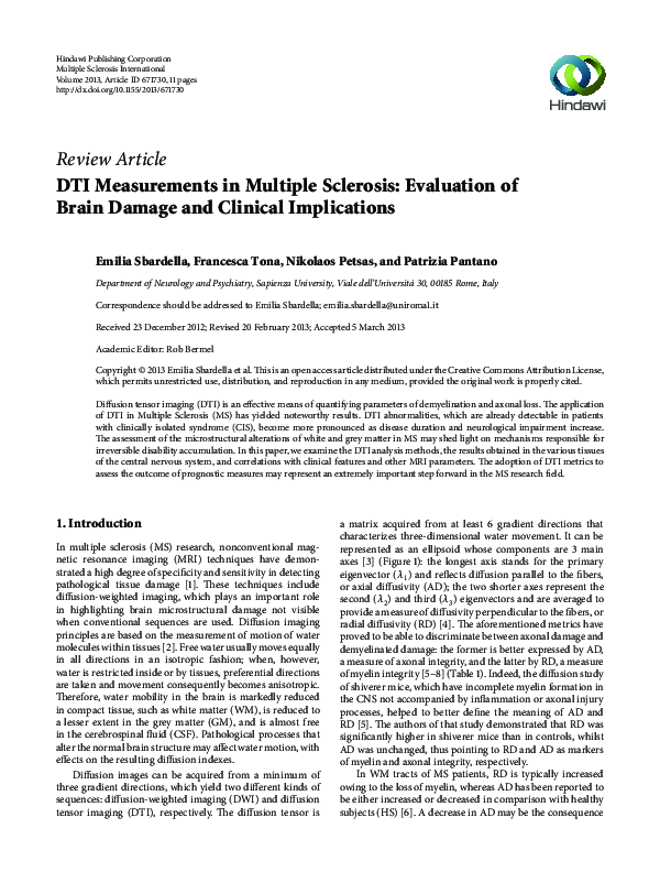(PDF) DTI Measurements in Multiple Sclerosis: Evaluation of Brain ...