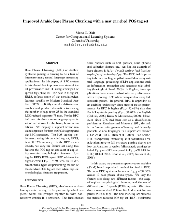 Pdf Improved Arabic Base Phrase Chunking With A New Enriched Pos Tag Set 