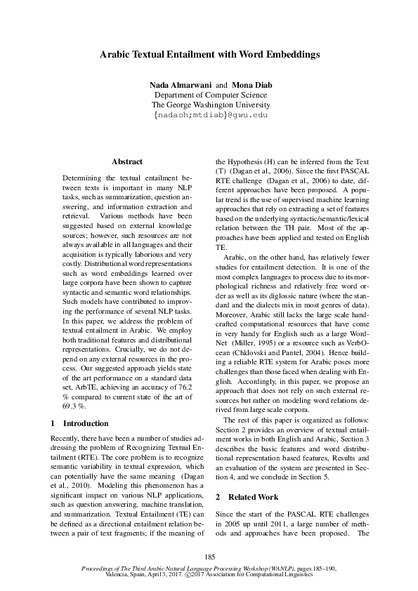 (PDF) Arabic Textual Entailment with Word Embeddings