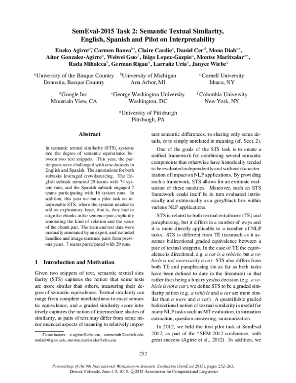 (PDF) SemEval-2015 Task 2: Semantic Textual Similarity, English, Spanish and Pilot on ...