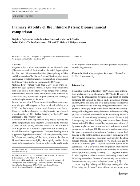 (PDF) Primary stability of the Fitmore® stem: biomechanical comparison