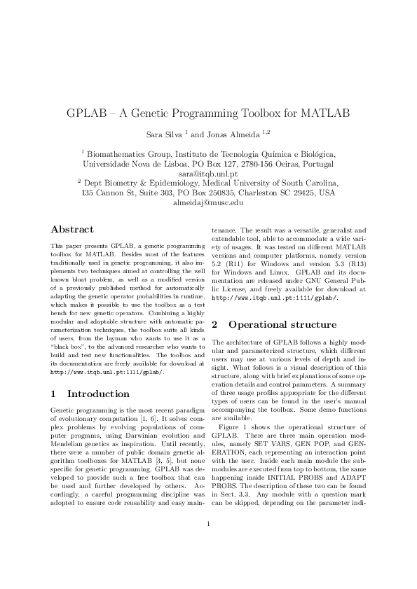 (PDF) GPLAB-a genetic programming toolbox for MATLAB
