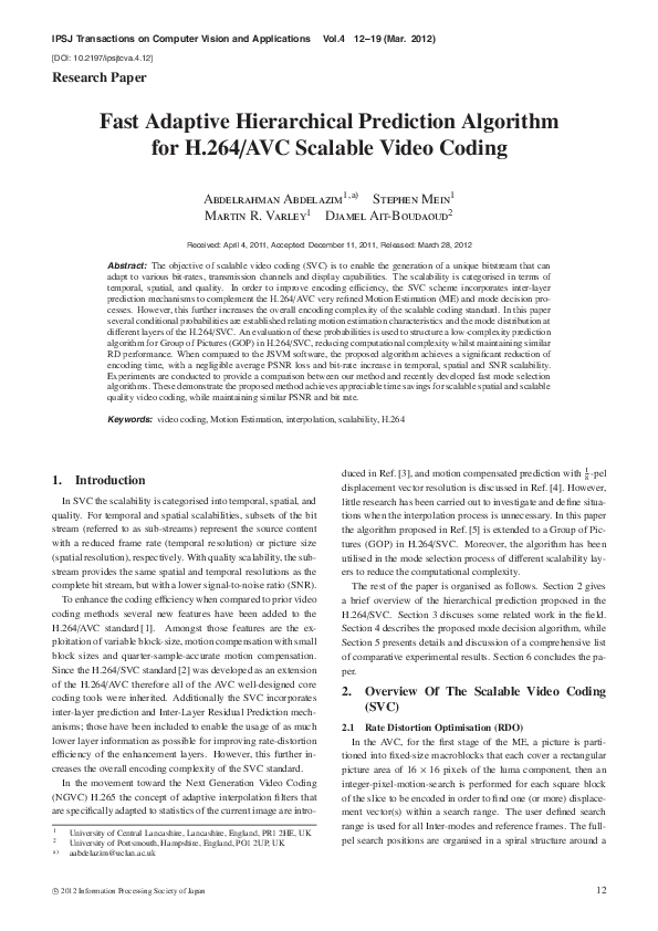 (PDF) Fast Adaptive Hierarchical Prediction Algorithm for H.264/AVC Scalable Video Coding