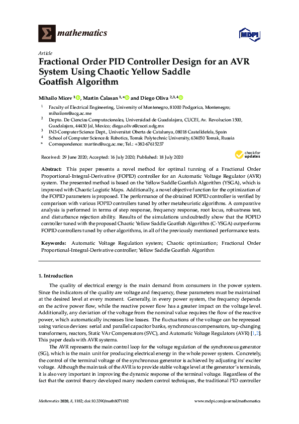 (PDF) Fractional Order PID Controller Design for an AVR System Using Chaotic Yellow Saddle ...