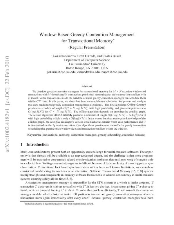 (PDF) Window-based greedy contention management for transactional memory