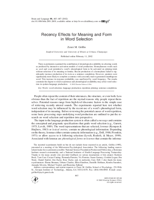 (PDF) Recency effects for meaning and form in word selection