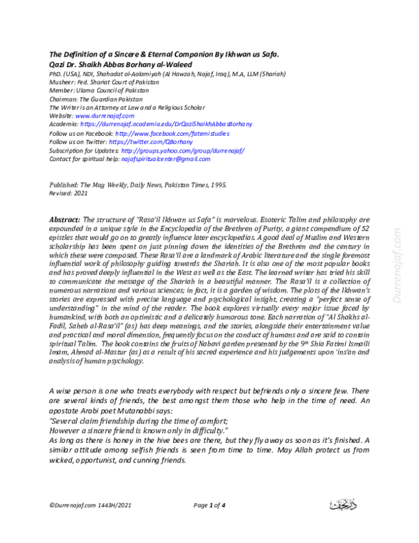 (PDF) The Definition of a Sincere & Eternal Companion By Ikhwan us Safa