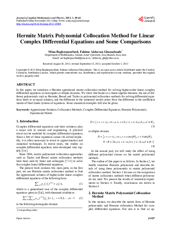 Pdf Hermite Matrix Polynomial Collocation Method For Linear Complex Differential Equations And