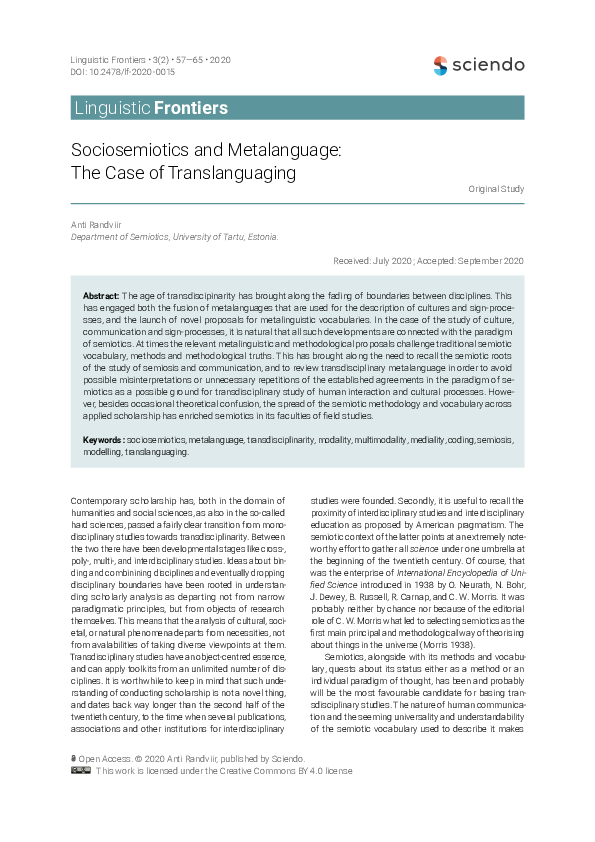 (PDF) Transdisciplinary Metalanguage in Semiotics