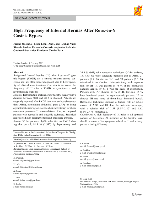 High Frequency Of Internal Hernias After Roux En Y Gastric Bypass