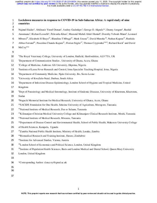 (PDF) Lockdown measures in response to COVID-19 in Sub-Saharan Africa ...