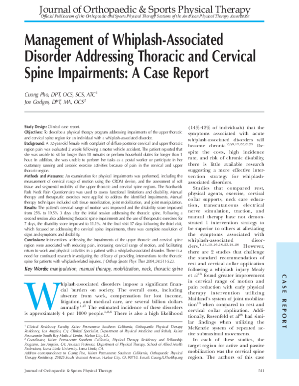 (PDF) Management of Whiplash-Associated Disorder Addressing Thoracic ...