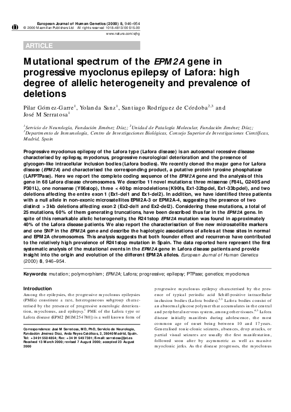 (PDF) Mutational spectrum of the EPM2A gene in progressive myoclonus ...