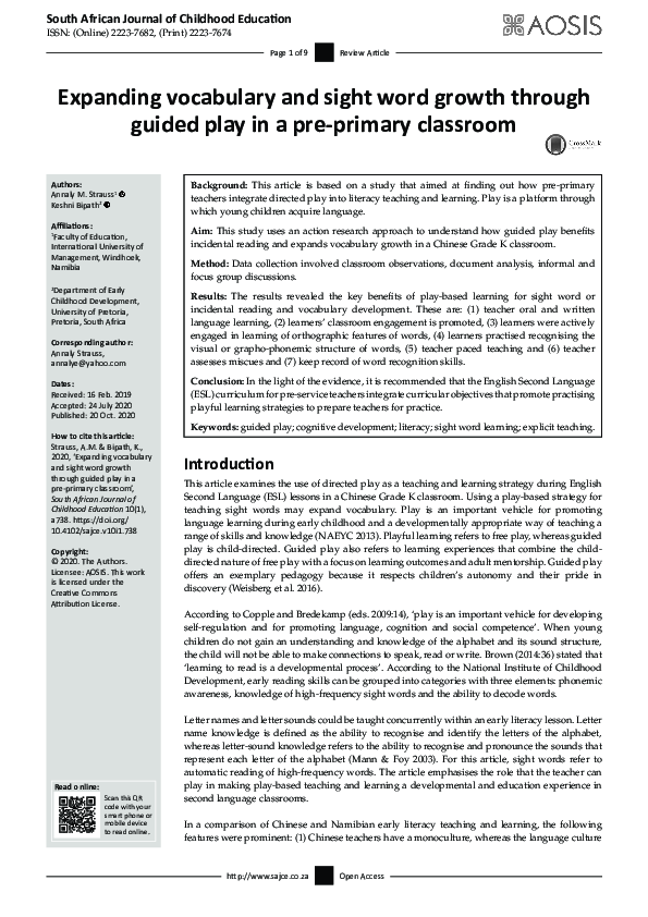 (PDF) Expanding vocabulary and sight word growth through guided play in ...